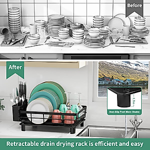 MOUKABAL Dish Drying Rack, Dish Rack,Dish Racks for Kitchen Counter,Dish Drainer with Removable Utensil Holder,Dish Drying Rack with Drainboard and Swivel Spout(Black)