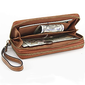 Autumnwell RFID Blocking Double Zipper Long Clutch Wallet Cellphone Wallet for Women with Hand Strap for Card, Cash, Coin, Bill (beige)