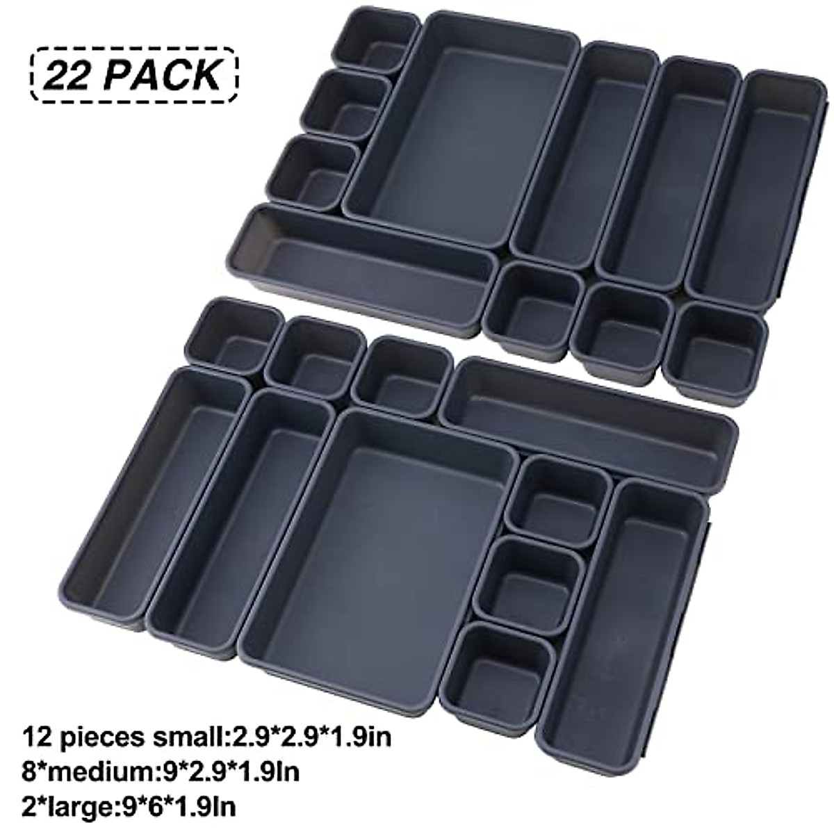 KeFanta 22 Pack Desk Drawer Organizers,Interlocking Junk Drawer Organizers and Storage with 3 Sizes,Desk Drawer Tray Organizer for Office,Bathroom,Kitchen,Makeup(Dark Grey)