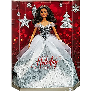 Barbie Signature 2021 Holiday Doll (12-inch, Brunette Hair) in Silver Gown, with Doll Stand and Certificate of Authenticity, Gift for 6 Year Olds and Up