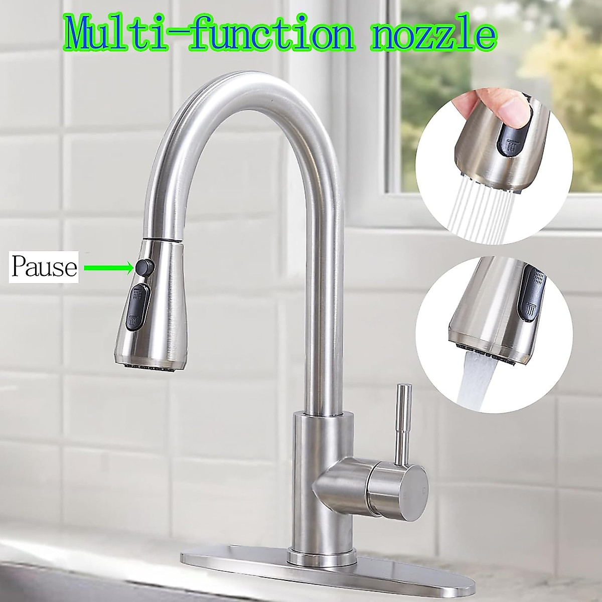 HOTIS Kitchen Faucet with Pull Down Spray, High Arc Commercial Brushed Nickel Kitchen Sink Faucets, Small RV Stainless Steel Single Handle Pull Out Faucet for Kitchen Sink with Deck Plate