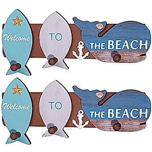 2-Pack Nautical Theme Hook Wall Mounted Wooden Coat Rack Key Hooks, Wooden Fish Welcome Key Holder for Wall with 3 Hooks Organizer, Welcome Door Wall Hook with Beach Nautical Decoration