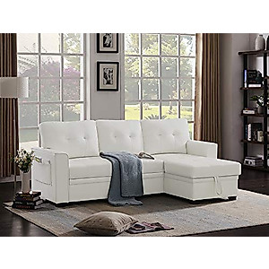 INFINI FURNISHINGS PU Sofa & Chaise 84" Wide Sectional Sofa with Pull Out Sleeper Bed, Reversible Storage Chaise Lounge, Modern Tufted Line Faux Leather Design Sofabed, White