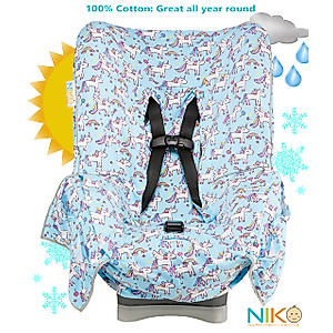 Niko Easy-Wash Children's Car Seat Cover & Liner - 100% Cotton Jersey Blue Unicorn - Fits Most Toddler Car Seats - Universal Fit - Waterproof SEAT Bottom - Machine Wash and Dry
