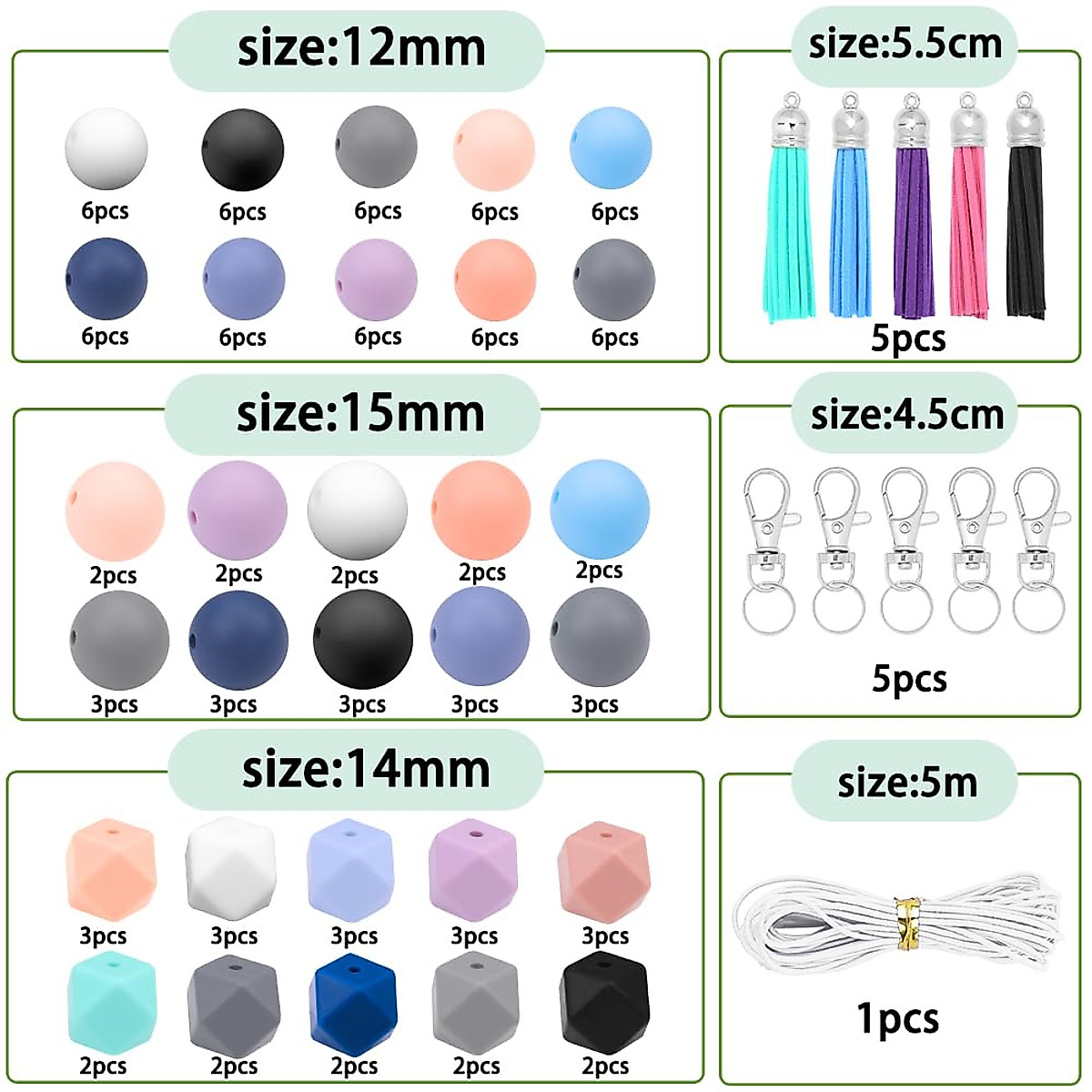 Vellibring 121 PCS Silicone Beads for Keychain Making Kit,12mm 15mm Round 14mm Polygonal Rubber Beads Multicolor Bulk Silicone Loose Beads for DIY Necklace Bracelet Jewelry Making Supplies