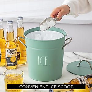 Rae Dunn Ice Bucket with Scoop - Stainless Steel Bucket with Handle, Lid and Ice Scooper - 4 Qt. Storage Bin for Ice Cubes for Bars, Parties, Backyard Barbeques, Picnics, and Camping (Sage)