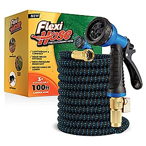 Flexi Hose with 8 Function Nozzle Expandable Garden Hose, Lightweight & No-Kink Flexible Garden Hose, 3/4 inch Solid Brass Fittings and Double Latex Core, 100 ft Blue Black
