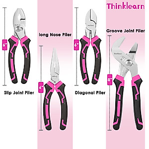 4PC Pliers Set, Premium CR-V/Cr-Ni Pink Pliers Tool Sets for Women, With Needle-Nose Plier, Slip Joint Plier, Groove Joint Plier and Diagonal Plier, for Basic Repair