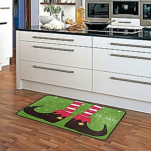 Merry Christmas Green Kitchen Rugs Cartoon Elf's Legs Floor Mats Doormat Non Slip Carpet Door Mat for Entryway Bedroom Living Room Home Decor 39 X 20 Inch