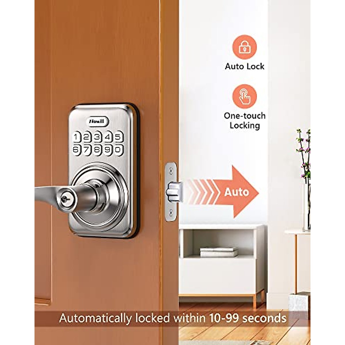 Keyless Entry Door Lock with Handle, Zowill Electronic Keypad Deadbolt Door Locks Handle Lever, Front Door Lock Set, Digital Door Lock, Auto-Locking, Anti-peep Code Door Handle Lock, Satin Nickel
