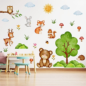 Watercolor Tree Animals Wall Decals,Cartoon Animal Wall Stickers,Nursery Wall Decor Woodland Animal Wall Decals,Fox Giraffe Bear Forest Animal Wall Decal for Kids Room Bedroom Classroom Playroom Decor
