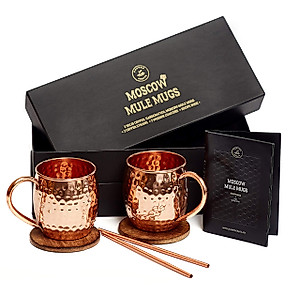 Moscow Mule Copper Mugs Set - 2 Authentic Handcrafted Copper Mugs (16 oz.), 2 Straws, 2 Solid Wood Coasters and Recipe Book - Gift Box Included