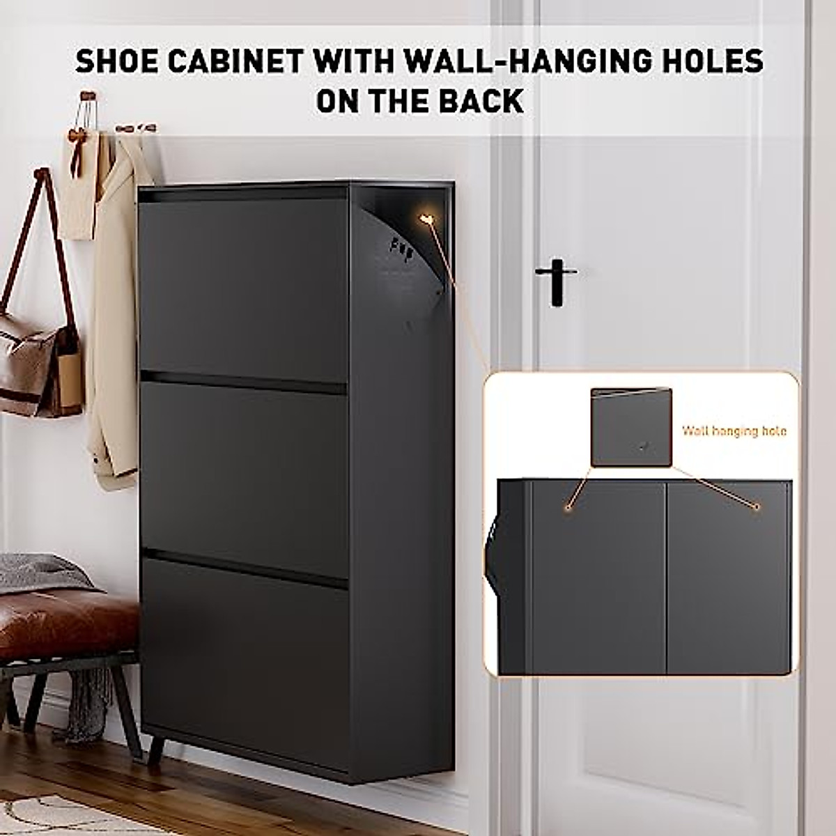 WIILAYOK Shoe Cabinet - Freestanding or Wall Mounted Shoe Storage Organizer with 3 Flip Drawers and Adjustable Shelves - Ideal for Entryway, Hallway, Living Room