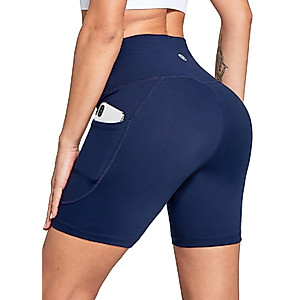 BALEAF Women's 6" High Waisted Biker Shorts Gym Workout Yoga Running Athletic Spandex Shorts with Pockets Dark Blue L