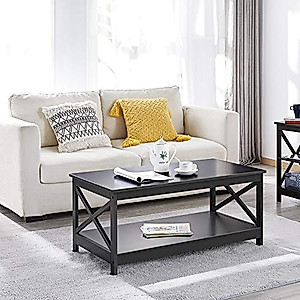 Yaheetech Wood 2-Tier Black Coffee Table with Storage Shelf for Living Room, X Design Accent Cocktail Table, Easy Assembly Home Furniture, 39.5 x 21.5 x 18 Inches