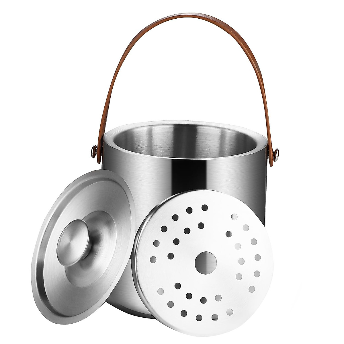 Bakpoco Double-Wall Vacuum Insulated Ice Bucket with Lid, Scoop, Ice Tong, Strainer & Leather Handle Keep Ice Frozen Longer Large Wine Ice Buckets for Cocktail Bar,Parties Chilling Beer Champagne 3L