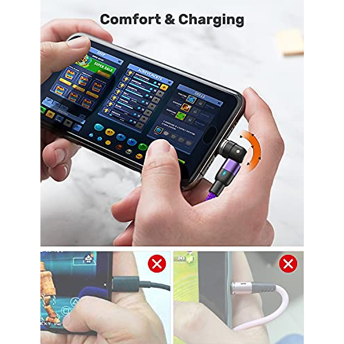 AUFU 540 Degree Magnetic Charging Cable (3Pack-6.6ft/6.6ft/6.6ft), Magnetic Phone Charger USB Magnetic Cable 3A Fast Charging Data Sync Nylon Braided USB Cord Cable for Micro USB Type C