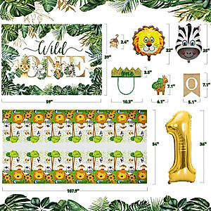 Wild One Birthday Decorations for Boys, Safari First Birthday Decorations, include Backdrop, Tablecloth, Balloon Arch, Highchair Banner, Monthly Photo Banners, Crown, Jungle Animals Foil Balloons