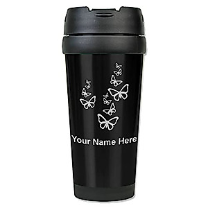 LaserGram 16oz Coffee Travel Mug, Butterflies, Personalized Engraving Included (Black)