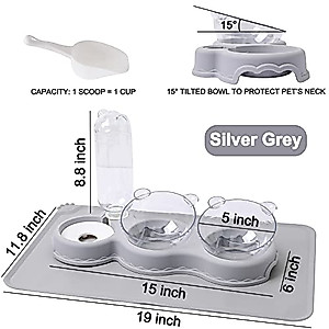 LKSTK Grey Triple Cat Bowl with Waterproof Mat and Scoop, 15°Tilted Raised Cat Food Bowl, Pets Water and Food Bowl Set with Automatic Water Bottle, Wet and Dry Food Bowl for Cat & Small Dog
