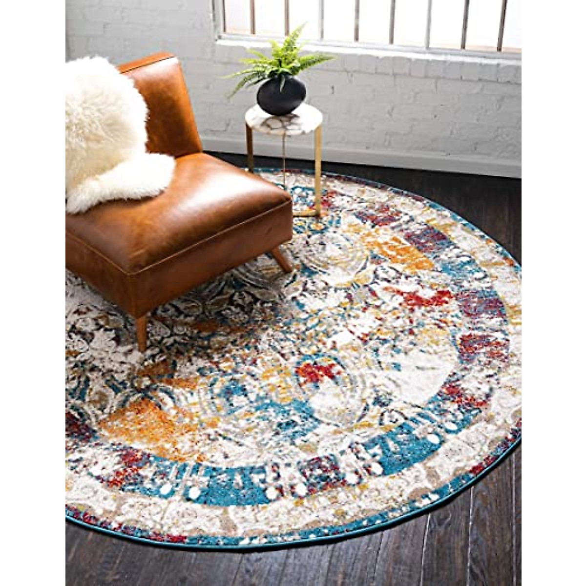 Unique Loom Rosso Collection Vintage, Traditional, Distressed, Bohemian, Botanical, Southwestern Area Rug, Round 8' 0" x 8' 0", Multi/Blue