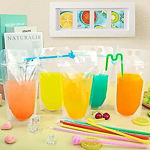 200 Pcs Drink Pouches for Adults, Reusable Plastic Juice Pouches Stand-up Smoothie Drink Pouches with Straw Funnel for Cool Summer Party, Cold Hot Drinks