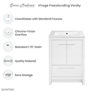 Swiss Madison Virage 24" Freestanding, Bathroom Glossy White Bath Vanity