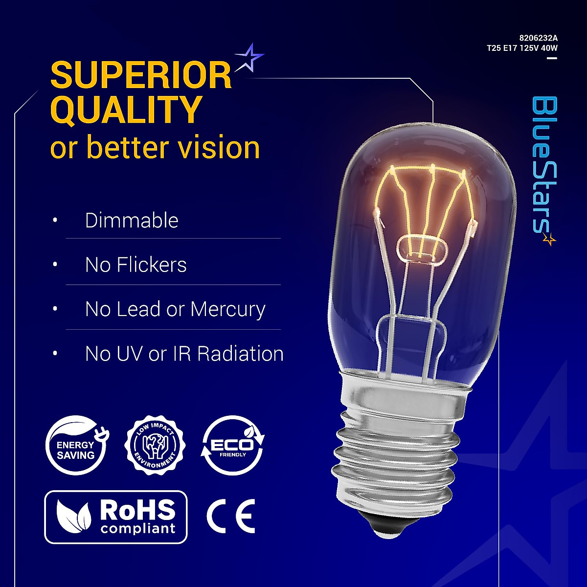 BlueStars 8206232A Whirlpool Microwave Light Bulb Kei 125V 40W Microwave Bulb E17 Fits Whirlpool Maytag Lava Lamps Salt Lamp Bulbs - Replaces 1890433 8206232 AP4512653 (3 Packs)