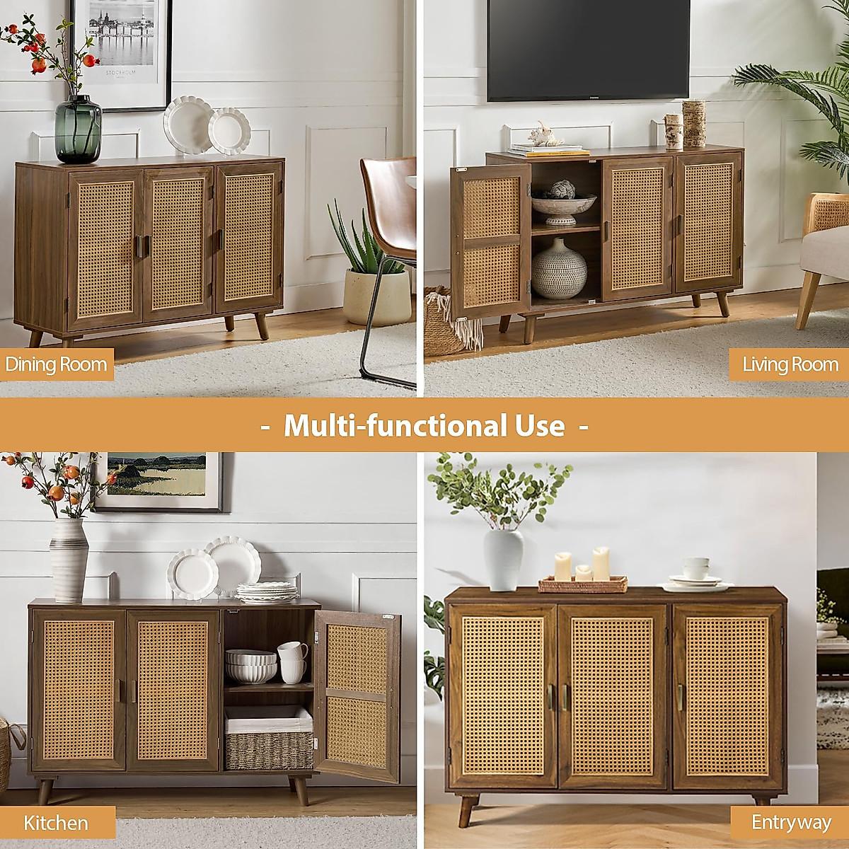 HULALA HOME Accent Storage Cabinet with 3 Natural Rattan Doors & Wood Legs, 2-Tier Shelf Sideboard Buffet Cabinet, Cupboard Console Table for Living Room, Entryway, Dining Room, Hallway (Walnut)