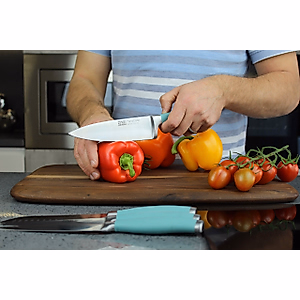 Taylors Eye Witness Syracuse Kitchen Knife 3pce Set - Paring 8cm/3.5”, Chefs 15cm/6” & Cooks All Purpose 13cm/5” Cutting Edge. Ultra Fine, Razor Sharp Blade. Soft Textured Grip Aqua Blue Handle