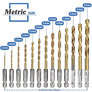 Mesee 13 Pieces Titanium Coated HSS Twist Drill Bit Set, Hex Shank High Speed Steel Drill Bits 1.5mm-6.5mm Quick Change Woodworking Drilling Tool