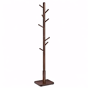 VASAGLE Solid Wood Coat Rack, Free Standing Hall Coat Tree with 8 Hooks, 3 Height Options, for Coats, Hats, Bags, Purses, for Entryway, Hallway, Rubberwood Hooks and Pole, Dark Walnut URCR010W01