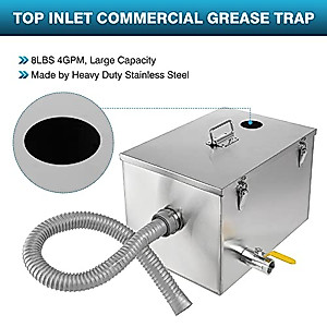 IRONWALLS 8LBS Top Inlet Commercial Grease Interceptor, Stainless Steel Grease Trap 4 Gallon, Under Sink Grease Trap Waste Water Oil-water Separator for Restaurant, Cafe, Canteen, Factory, Kitchen