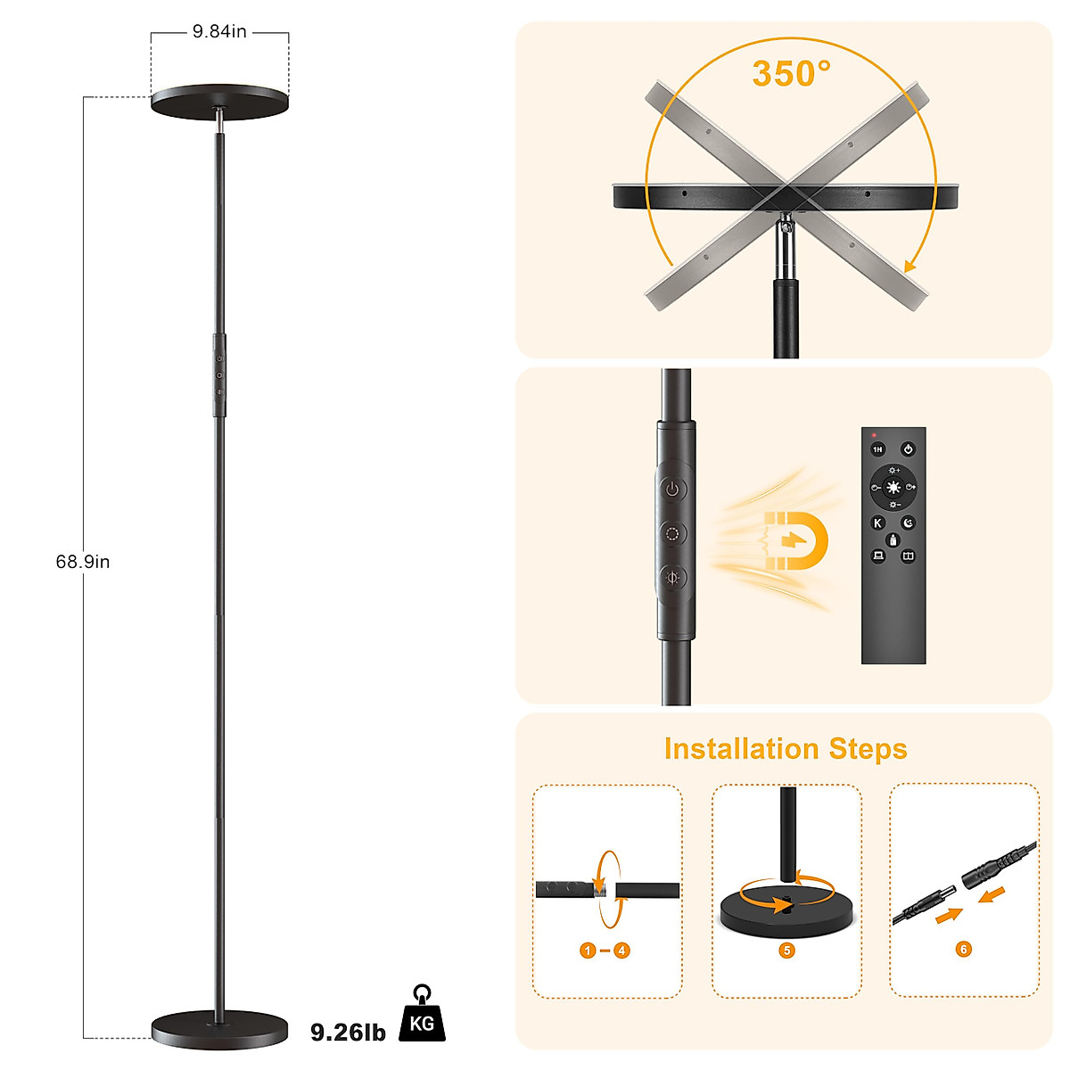 Floor Lamp, 2400LM Bright LED Torchiere Floor Lamp with Stepless Dimmable 4 Color Temperatures, Tall Standing Room Lamp with Remote & Touch Control, LED Floor Lamps for Living Room Bedroom Office