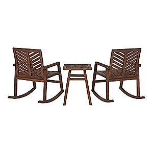 Walker Edison AZOWVINRCDB-3 Antigua Modern 3 Piece Chevron Solid Acacia Wood Outdoor Rocking Chair Set, Dark Brown
