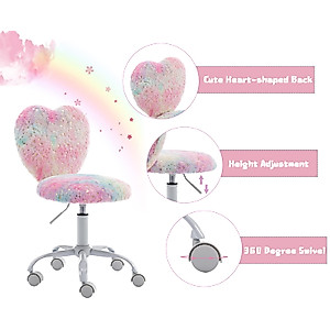 chairus Kids Desk Chair Faux Fur Study Chair for Teenage Girls, Adjustable Heart Shaped Kids Vanity Chair for Bedroom Reading Living Room, Small Cute Student Task Chair with White Foot, Colorful