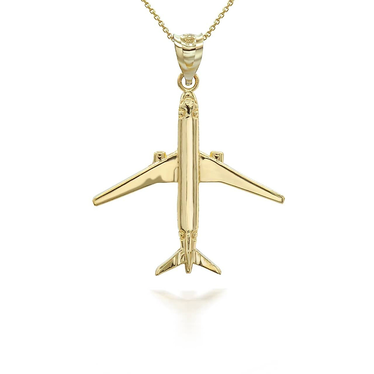 Polished 10K Yellow Gold Airplane Aircraft Aviation Traveler Charm Pendant Necklace (18")