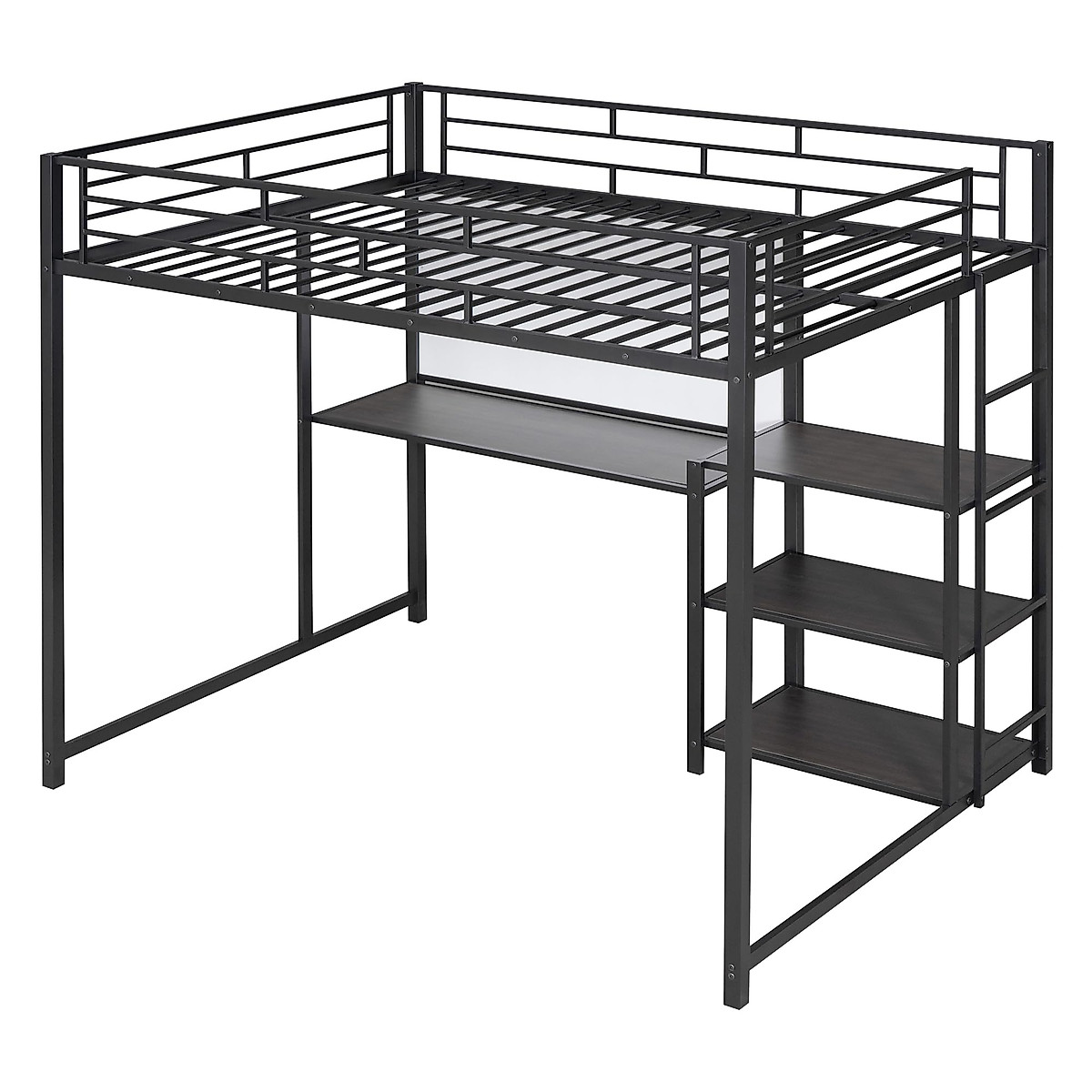Full Size Loft Bed with Desk and Storage Shelves, Metal Loft Bed Full Size with Whiteboard and 3-Tier Shelves, Full Size Loft Bed for Kids, Teens (Black Full)