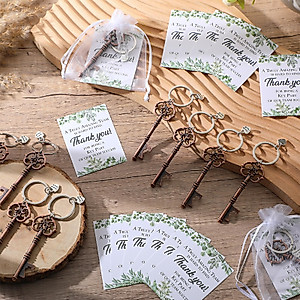 Sasylvia 50 Set Employee Appreciation Gifts Bulk Skeleton Key Bottle Opener Keychain Thank You Card Organza Bags for Coworker