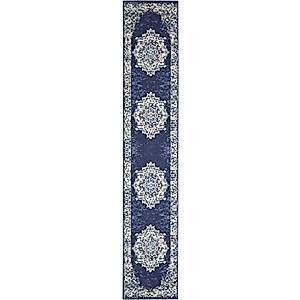 Nourison Grafix Persian Navy Blue 2'3" x 10' Area -Rug, Easy -Cleaning, Non Shedding, Bed Room, Living Room, Dining Room, Kitchen (2x10)