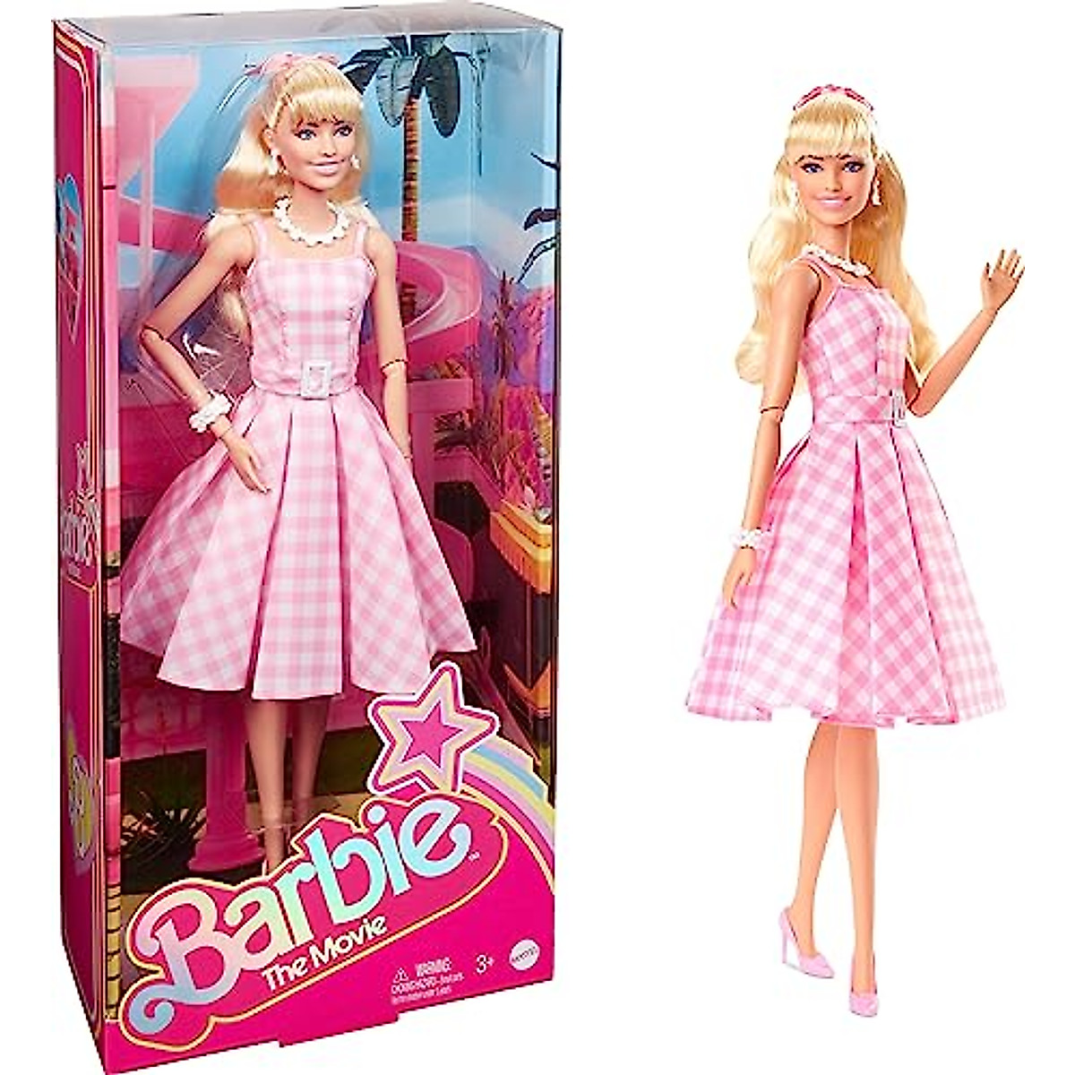 Barbie The Movie Doll, Margot Robbie as Barbie, Collectible Doll Wearing Pink and White Gingham Dress with Daisy Chain Necklace for 6 years and up