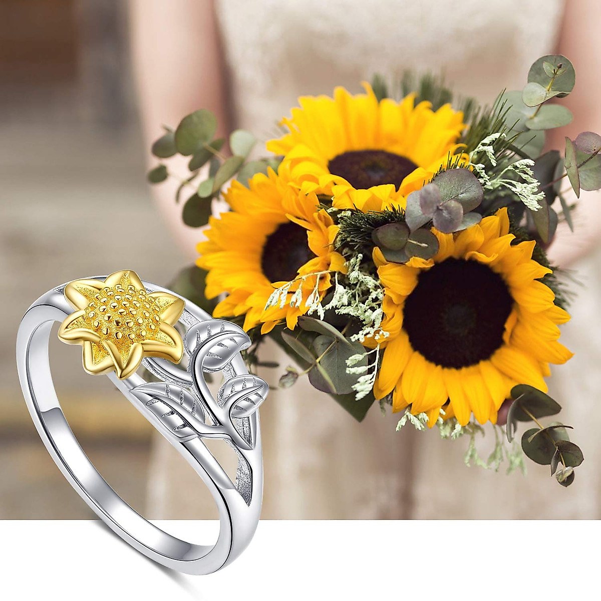 JUSTKIDSTOY Sunflower Rings for Women 925 Sterling Silver Dainty Gold Flower Rings Sunflower Jewelry for Girl Daughter Wife Birthday Christmas Gifts