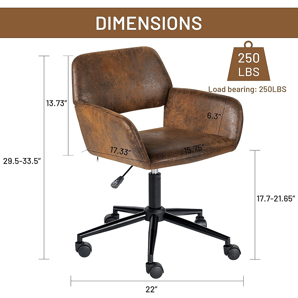 FurnitureR Office Chair, Upholstered Suede Mid Back Swivel Computer Desk Chair with Rolling Wheels, Adjustable Task Chair for Home, Bedroom, Make-up, Studying, Small Spaces - Brown