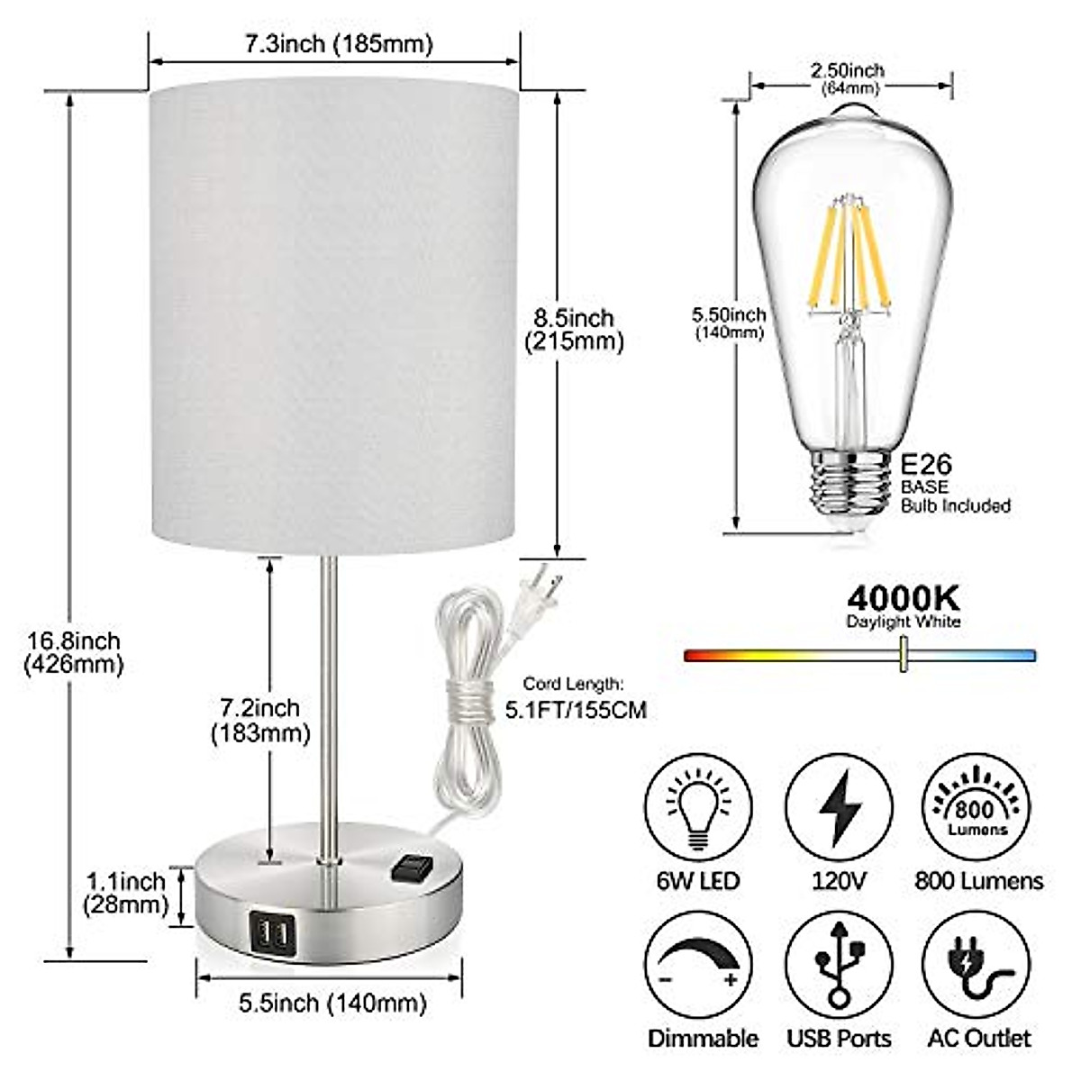 SHINE HAI Touch Control Table Lamp, 3 Way Dimmable Bedside Desk Lamp with 2 USB Ports and AC Outlet, Nightstand Lamp for Bedroom Living Room, Modern Office Lamp, Silver Base, 60W LED Bulb Included