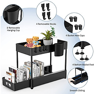 MARGHAZAR-Under Sink Organizers and Storage Bathroom-2 Tier Sliding Under Cabinet Organizer with 2 Cups 4 Hooks-Multi-Purpose Storage Shelf for Bathroom Kitchen Organization-Black