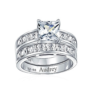 Personalize Traditional 2CT Brilliant Princess Cut Solitaire Side Stonecat CZ Square Anniversary Band Engagement Wedding Ring Set For Women .925 Sterling Silver Customizable