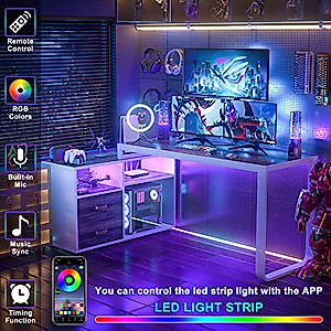 Homieasy L Shaped Desk with File Cabinet & Power Outlet, 55 Inch Large Corner Computer Desks with LED Strip, L-Shaped Computer Desk with Drawers and Storage Shelves for Home Office, Grey & White