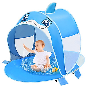 Dolphin Baby Beach Tent with Pool, UPF 50+ UV Protection Pop Up Portable Sun Shade Beach Tent with Sand Pocket, Waterproof Outdoor Sun Shelter for Baby Toddler Age 6-36 Months Baby Essentials