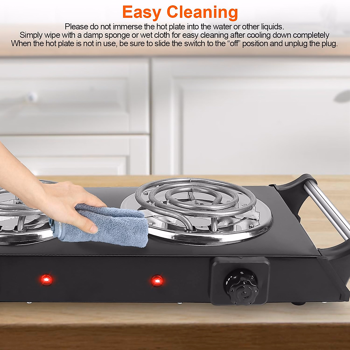 Hot Plate, 2000W Portable Electric Double Burner W/5 Level Temperature Control & Stay Cool Handles, Easy to Clean, Lightweight Cast Iron Electric Stove for Kitchen Camping Cooking, 110V