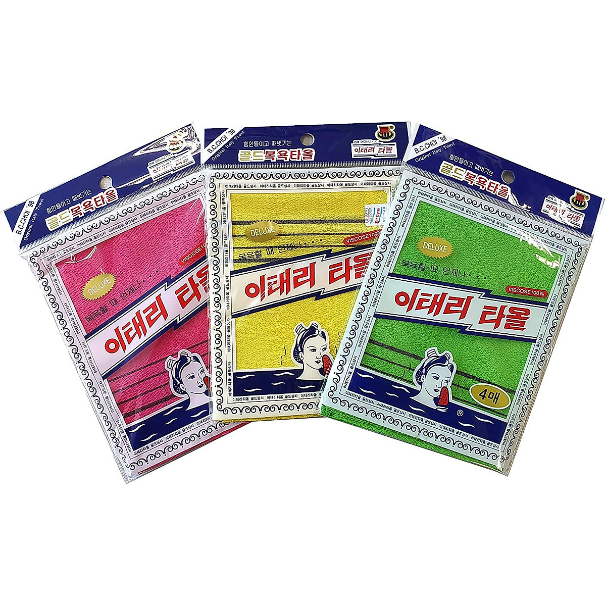 GOLDSANGSA-Korean Exfoliating Towel Washcloth Mitts 12pcs(Green4,Red4,Yellow4)/Korean Italy Towel Skincare Exfoliating Scrub Bath Cloth Remove Dead Skin